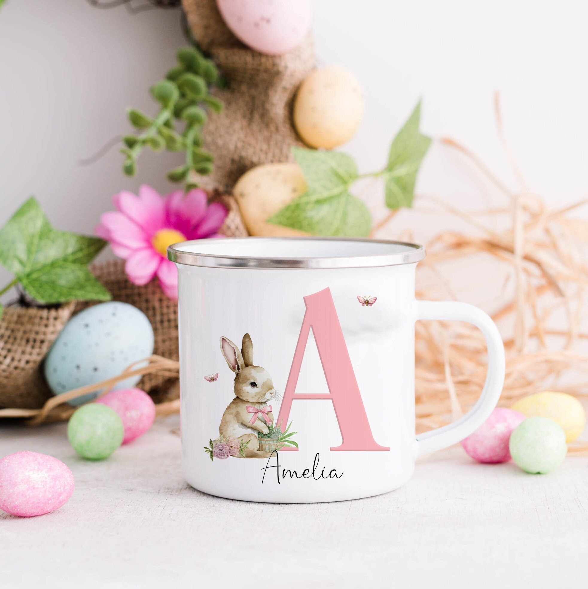 Personalised Children's Easter Mug, Easter Gift, Enamel Easter Bunny ...