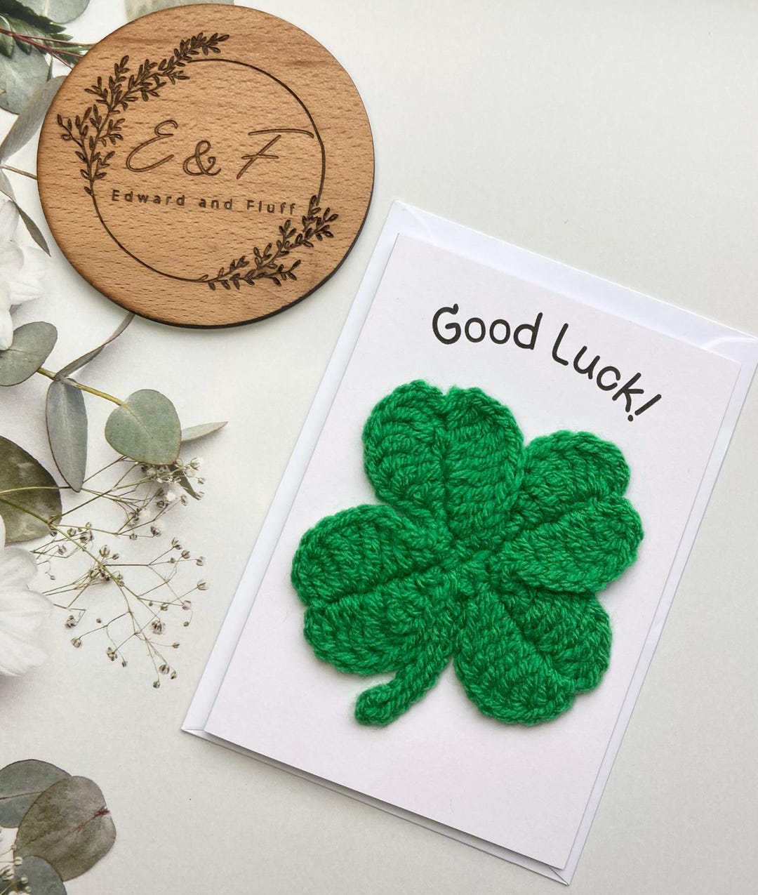 Good Luck Card. Handmade Crochet Card, Four Leaf Clover Luck. Exam Card ...