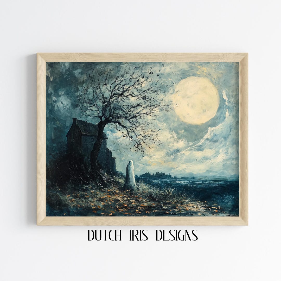 Moody Ghostly Night Scene, Printable Haunted Landscape Art, Rustic ...