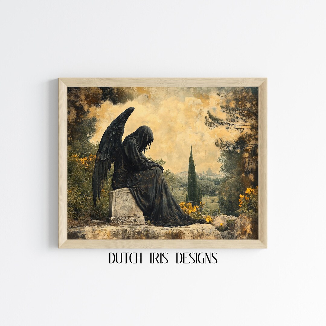 Vintage Fallen Angel in Cemetery - Dark Macabre Art, Gothic Wall Decor ...