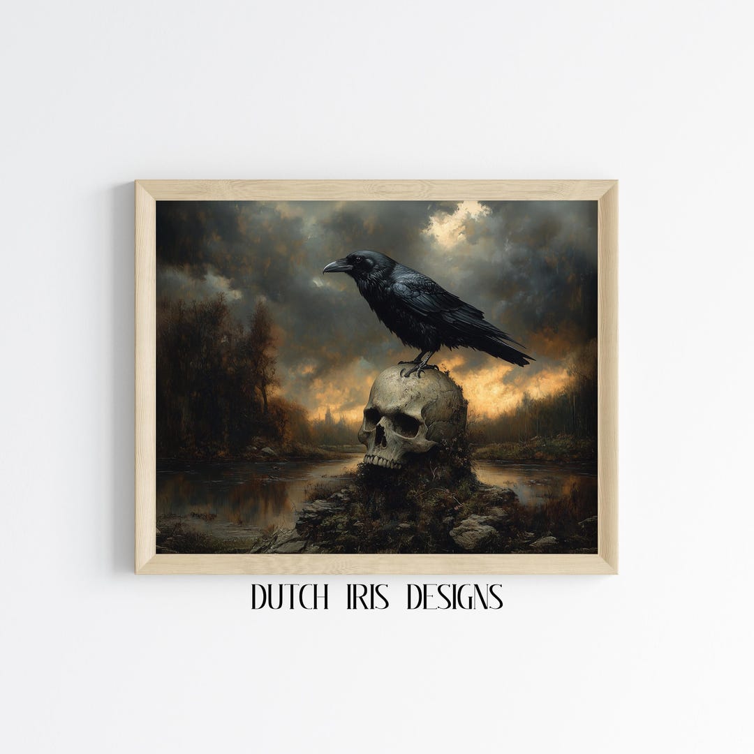 Vintage Grotesque Skull and Crow Painting - Dark Macabre Art, Gothic ...