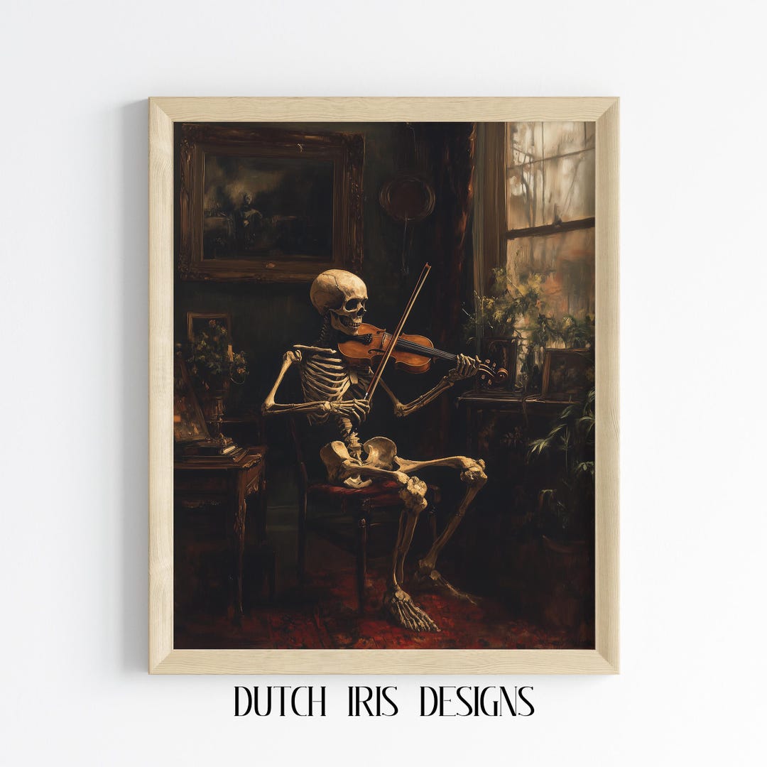 Vintage Skeleton Playing Violin Art - Moody Halloween Decor, Dark ...