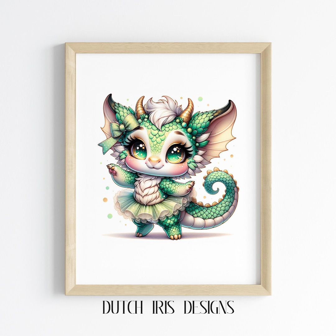 Printable Cute Baby Dragon Art - Whimsical Fantasy Wall Decor, Green ...