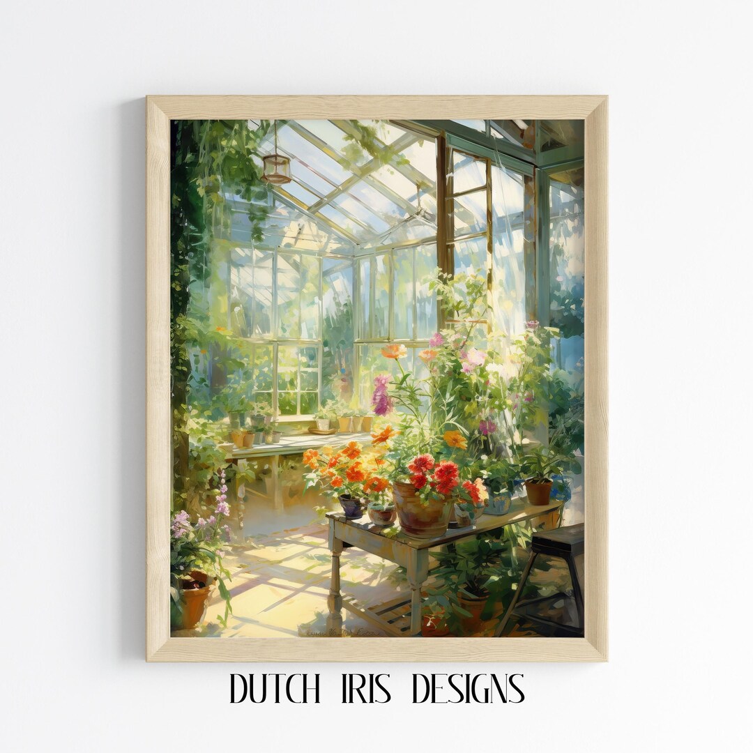 Greenhouse Oil Painting - Lush Indoor Garden Scene, Printable Wall Art ...