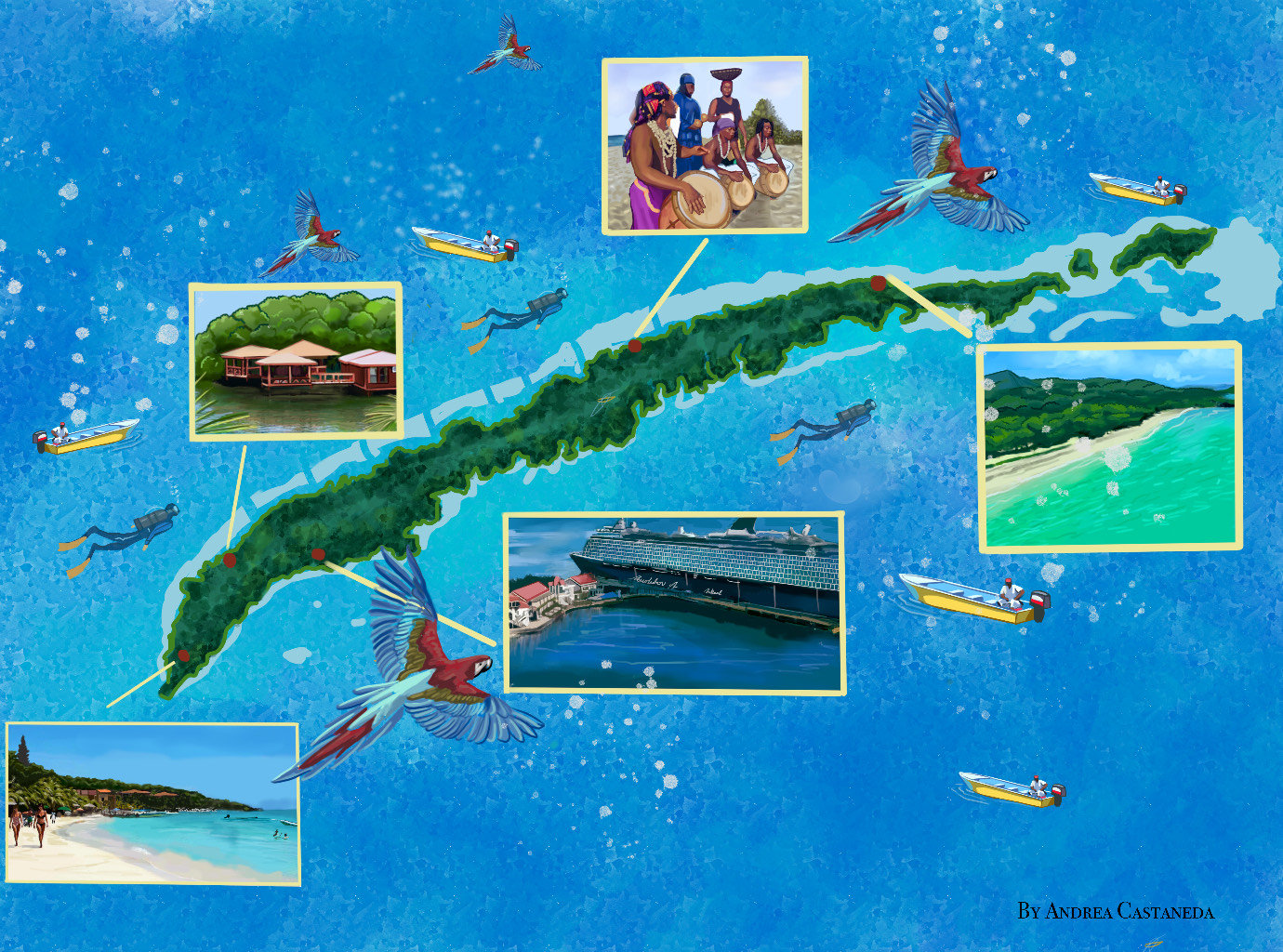 Map of Roatan, Honduras, by Andrea Castaneda - Etsy