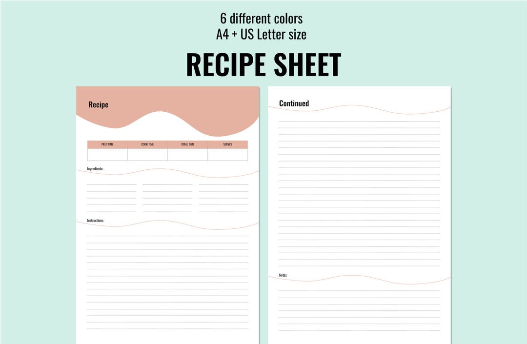 Digital Printable Recipe Sheet, Blank Recipe, Recipe Template, Instant ...