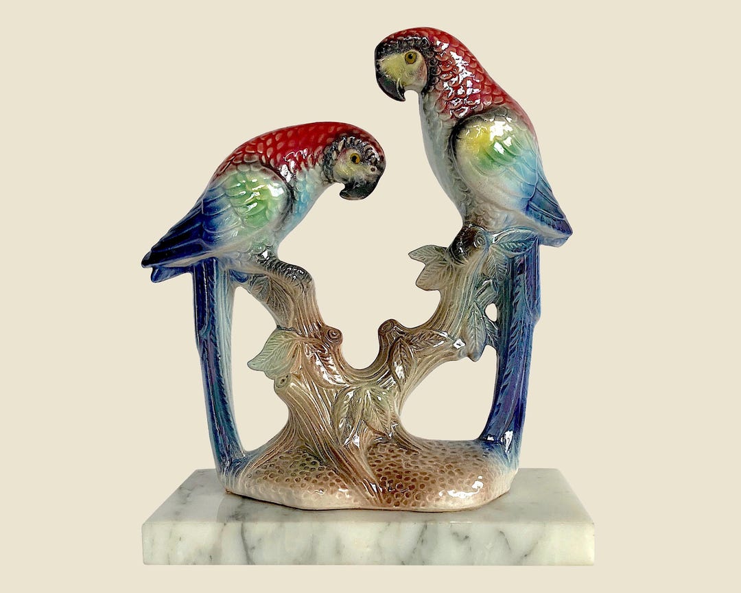 Mid Century Couple "parrots" Bird Statue - Faience Ceramic Sculpture on ...