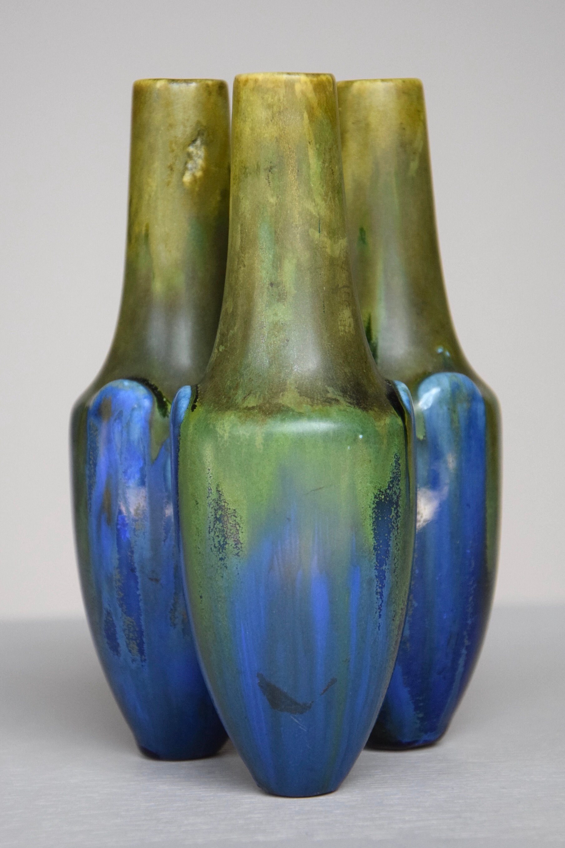 French "pierrefonds" Art Nouveau Crystalline Triple Vase - Abstract ...