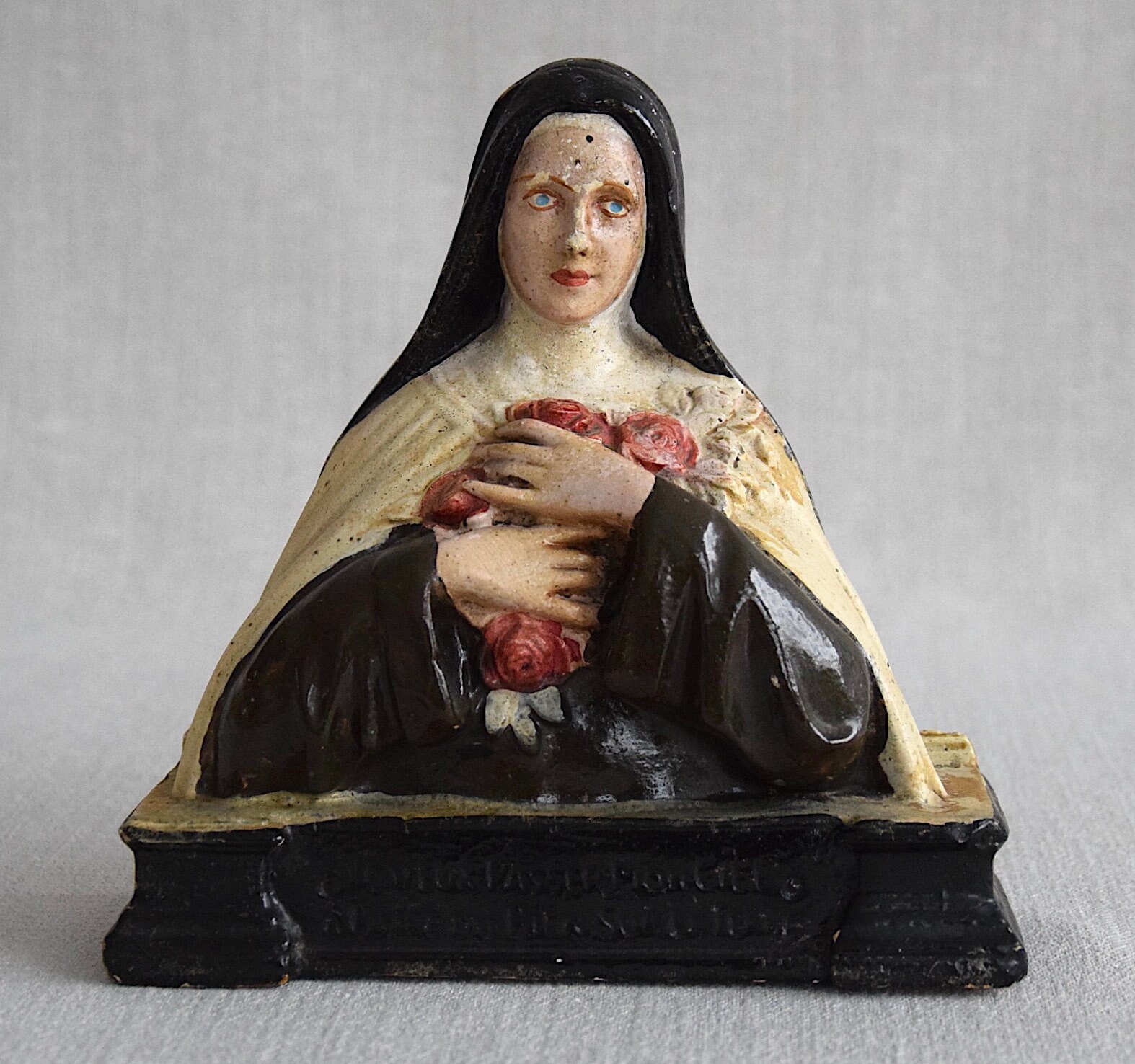 French Art Deco st. Thérèse of Lisieux Hand Painted Plaster Bust Statue ...