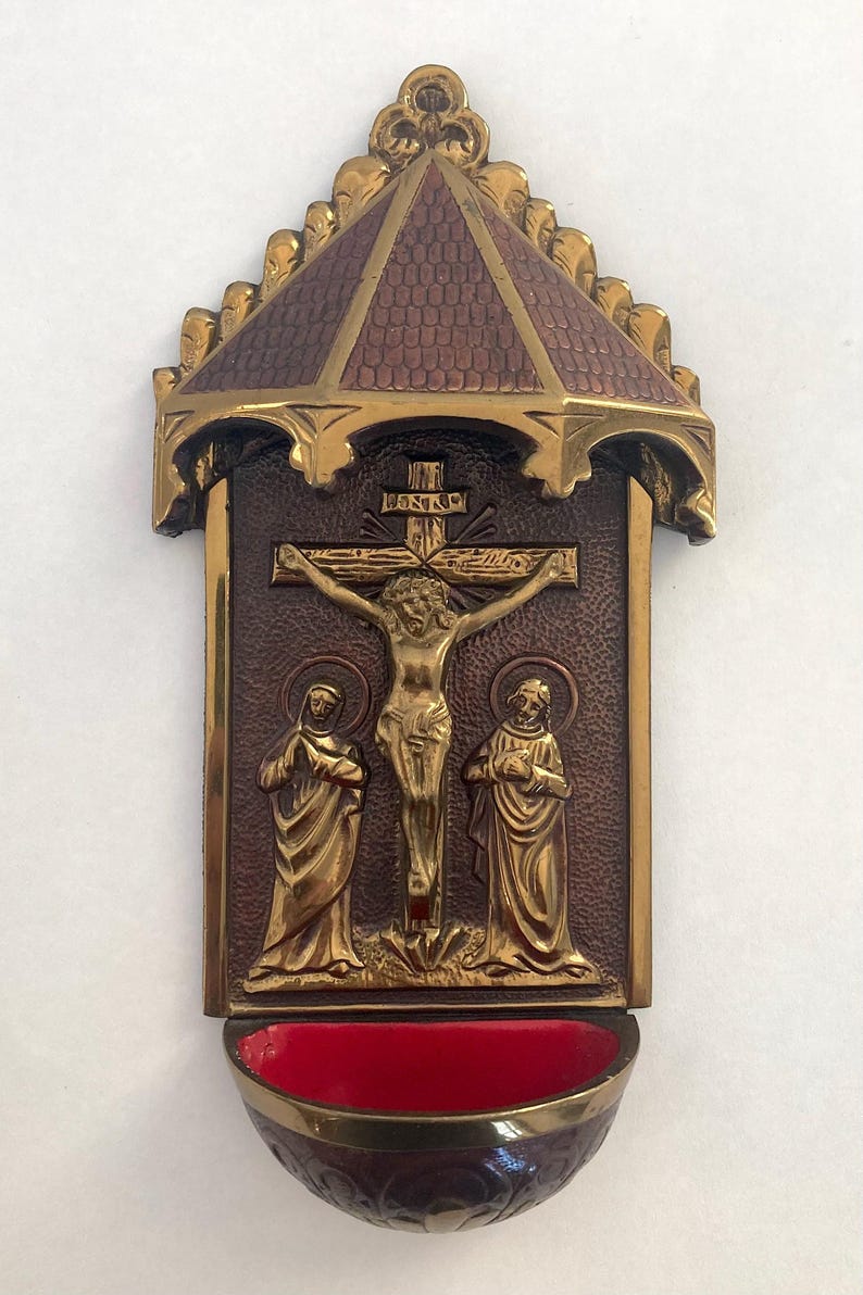 French Art Deco crucifixion of Jesus Antique Brass inri Holy Water Font ...