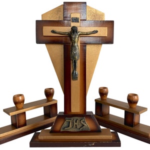 Art Deco Religious Wooden crucifix With 2 Matching Candle Holders INRI ...