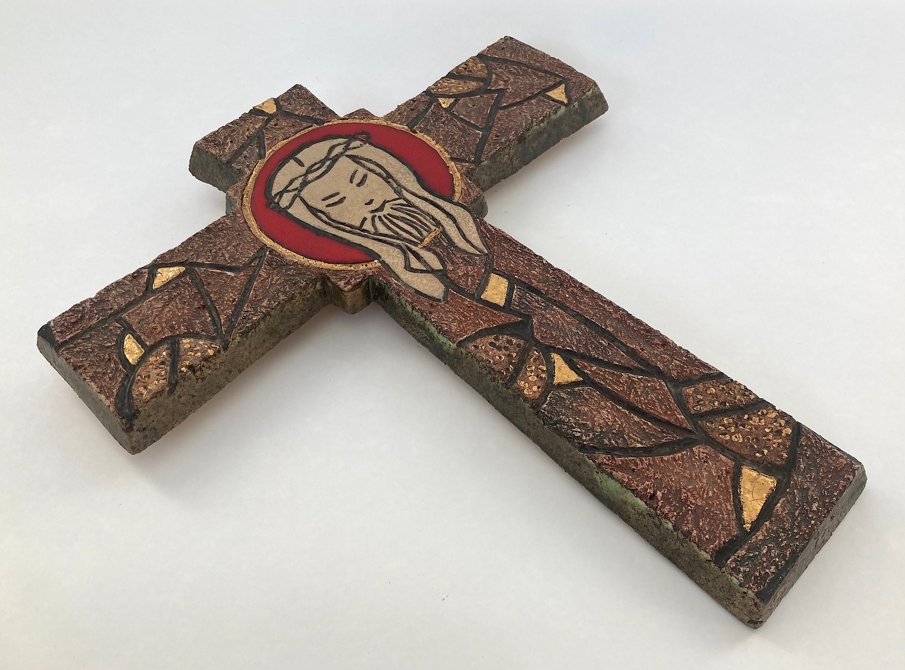 MCM XL Brutalist jesus Christ Crucifix Relief Wall Cross Religious Red ...