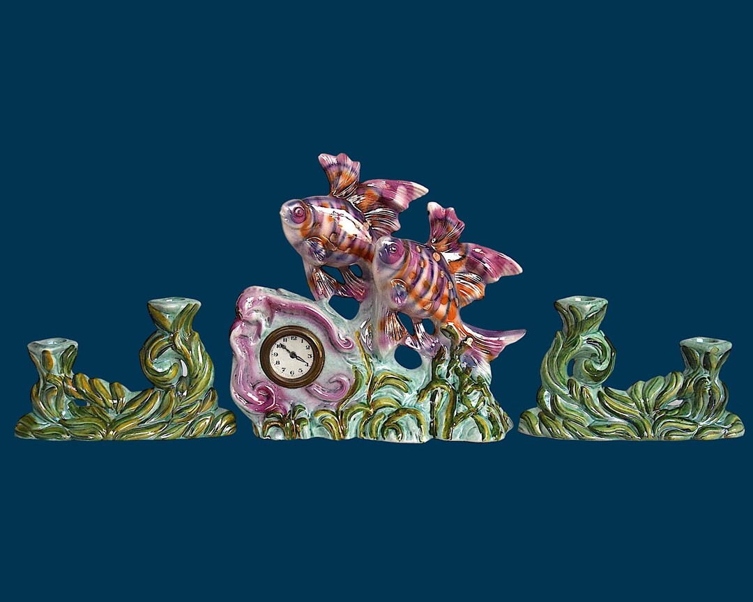 Art Deco Belgian hubert Bequet Hand Painted Faience fish Clock Set With ...