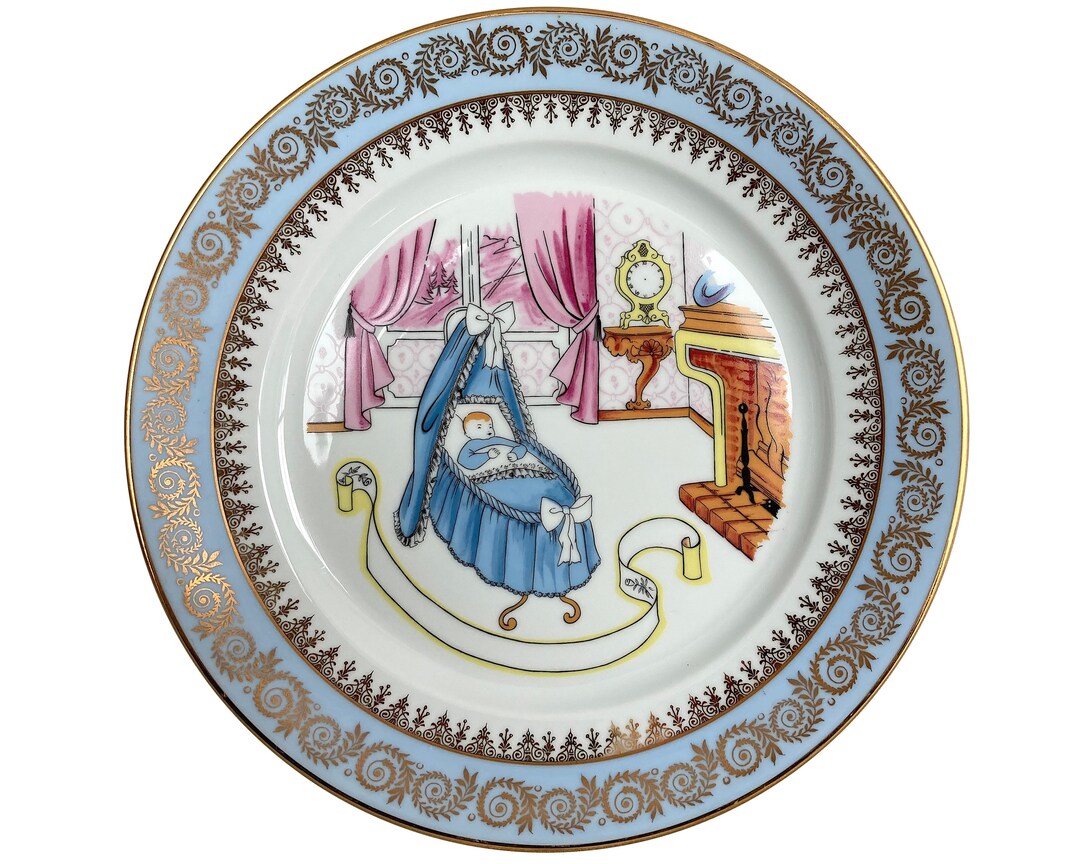 French Blue porcelaine De Limoges Porcelain Birth Plate Baby Boy Birth ...