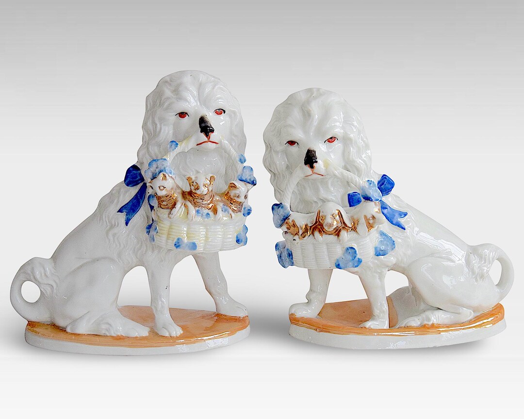 Antique Pair Victorian Hand Painted Porcelain "poodle Dog" Mantel Shelf ...