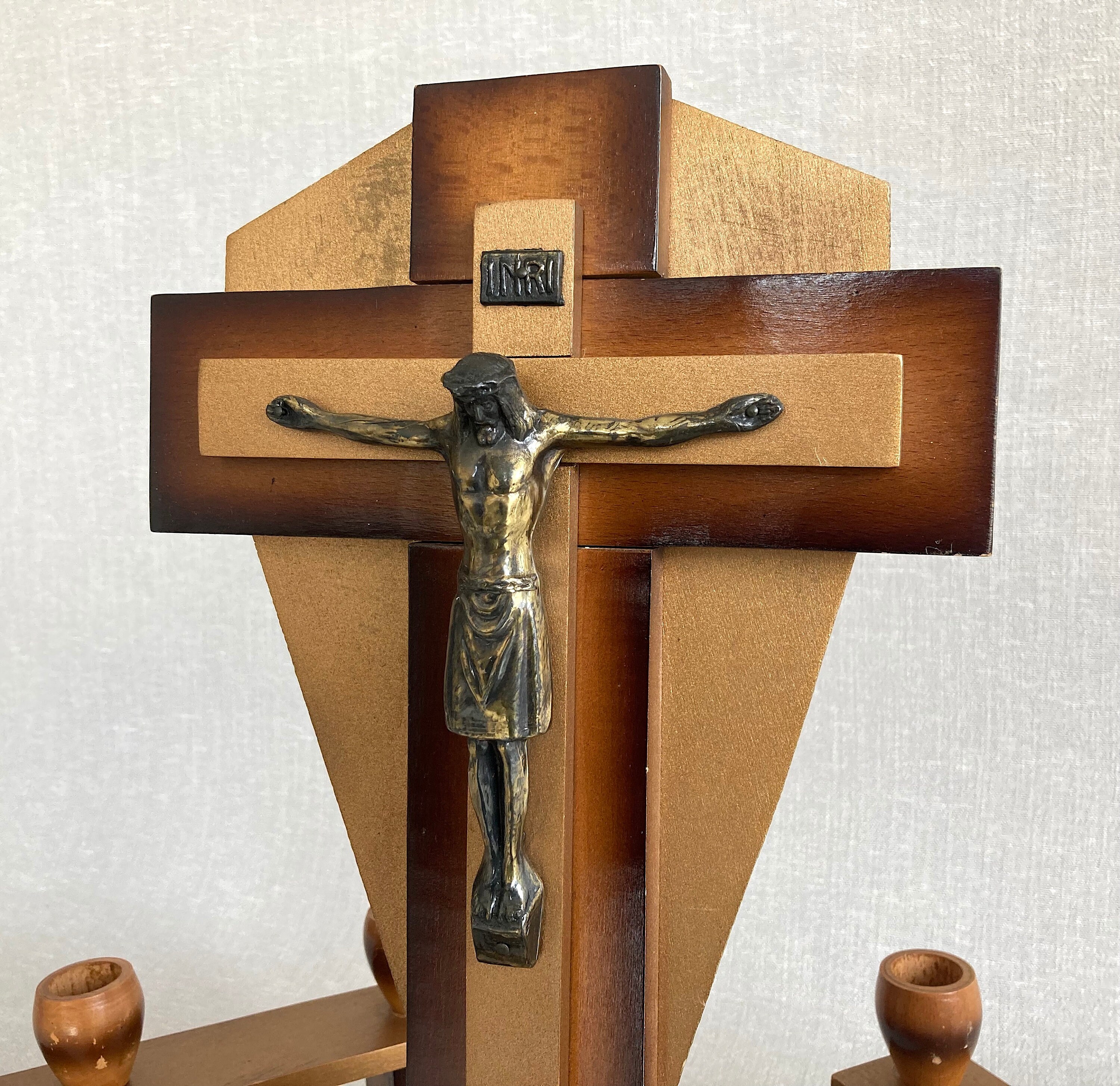 Art Deco Religious Wooden crucifix With 2 Matching Candle Holders INRI ...