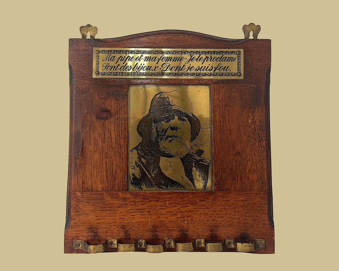 French Antique Oak & Brass Plaque ma Pipe Et Ma Femme Wooden Pipe Rack ...