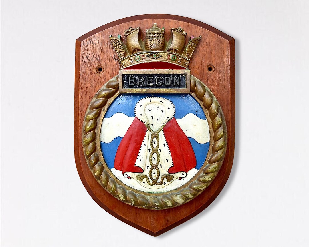 UK Plaster "hms Brecon, Royal Navy Emblem" on Wooden "coat of Arms ...