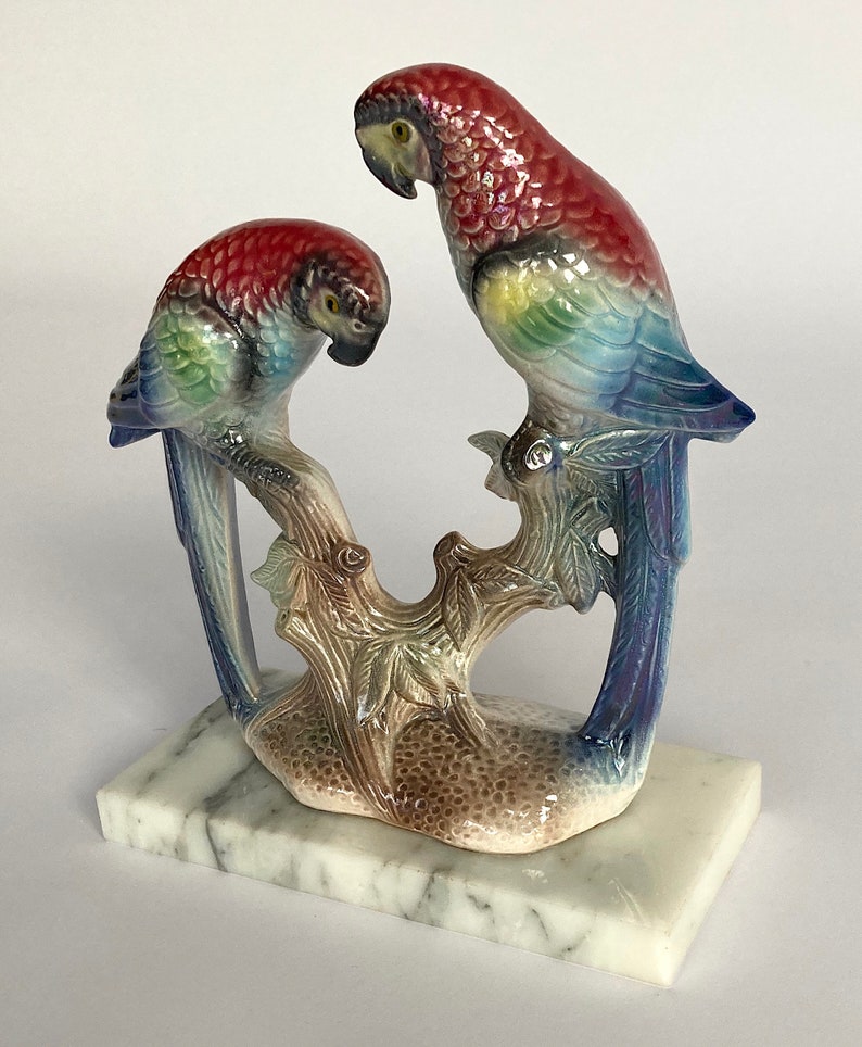 Mid Century Couple parrots Bird Statue Faience Ceramic Sculpture on ...