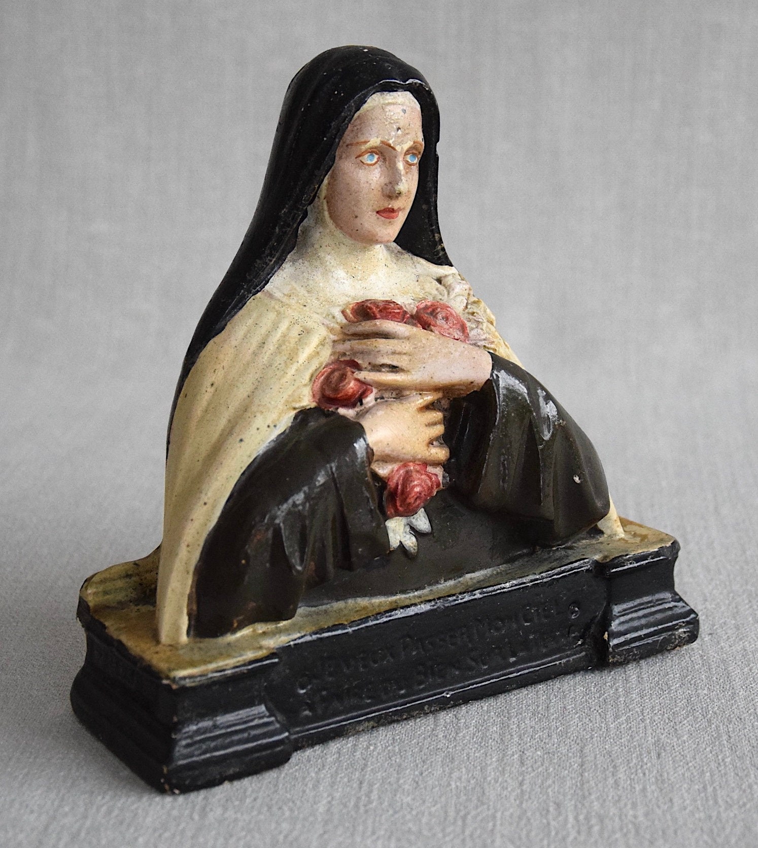 French Art Deco st. Thérèse of Lisieux Hand Painted Plaster Bust Statue ...