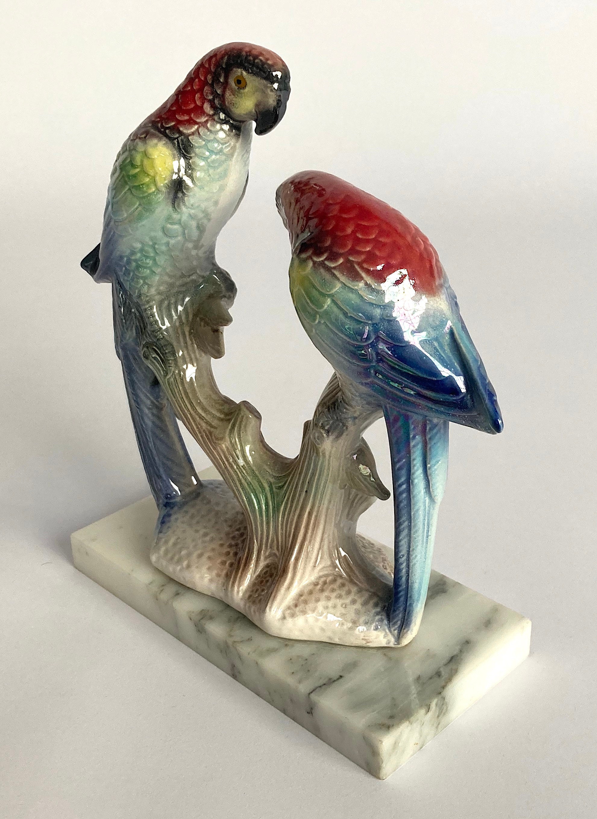 Mid Century Couple parrots Bird Statue Faience Ceramic Sculpture on ...