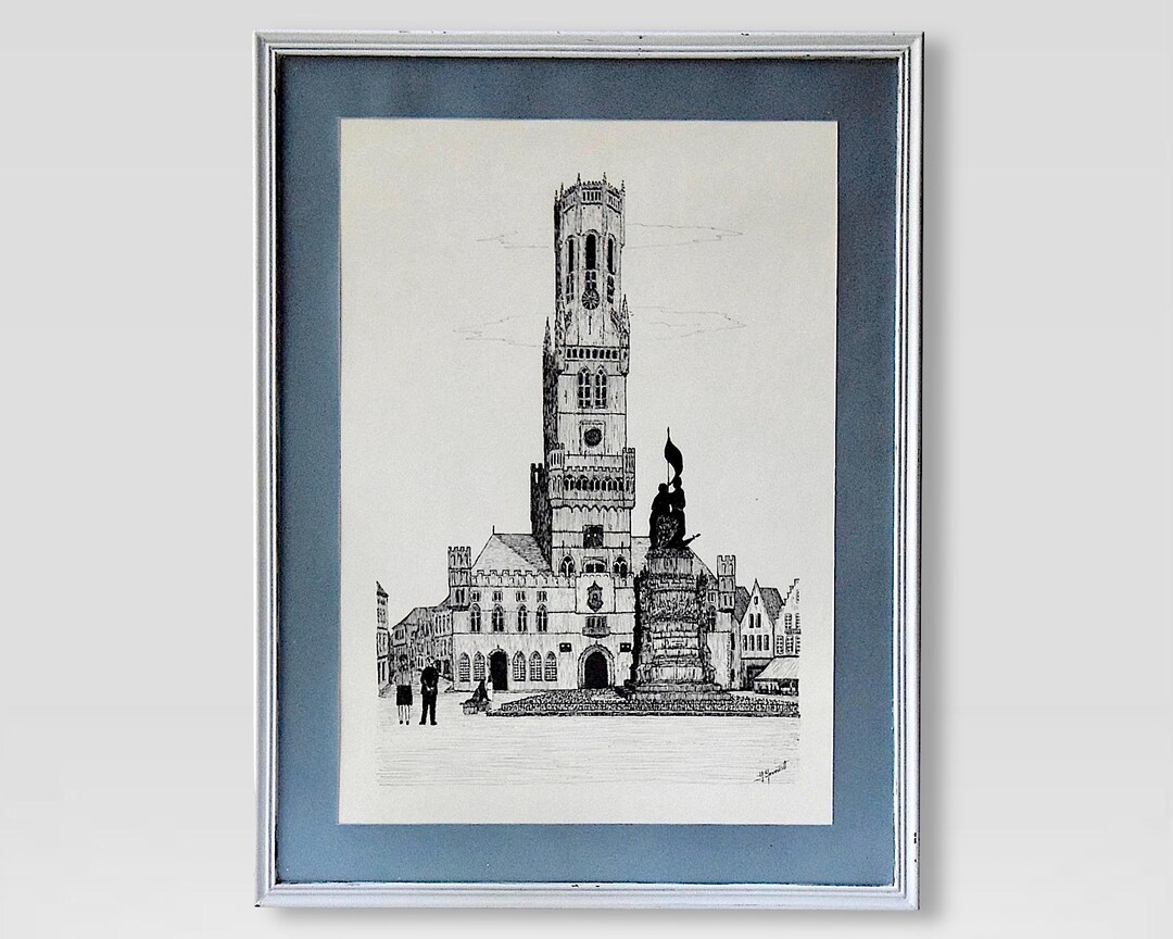 20th C. "belfry of Bruges" Real "pen Drawing" Original Framed Artwork ...
