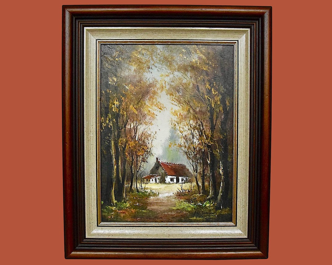 20th C. Oil on Canvas forest Farm Cottage Original Framed Artwork ...