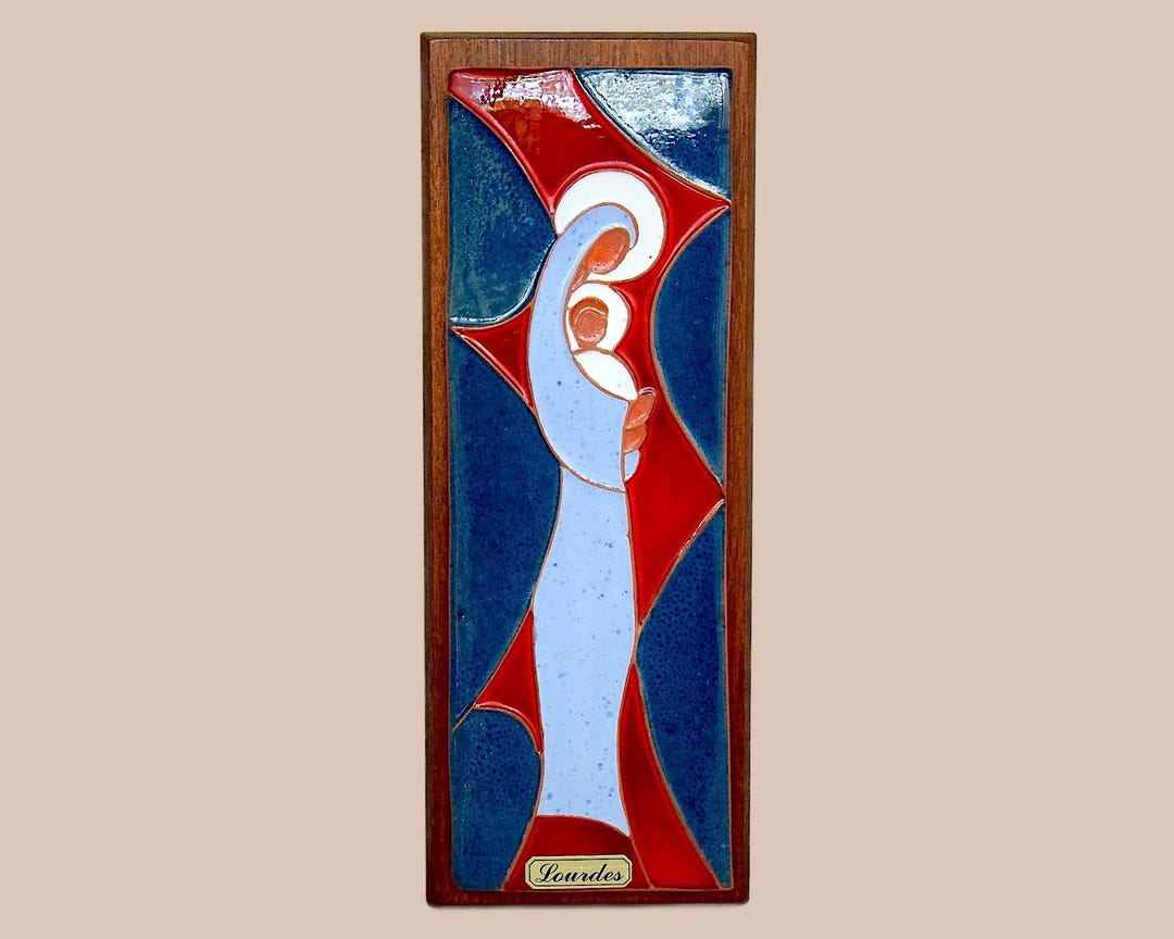 French Religious Modern Madonna With Child Ceramic Wall Tile On Wood ...