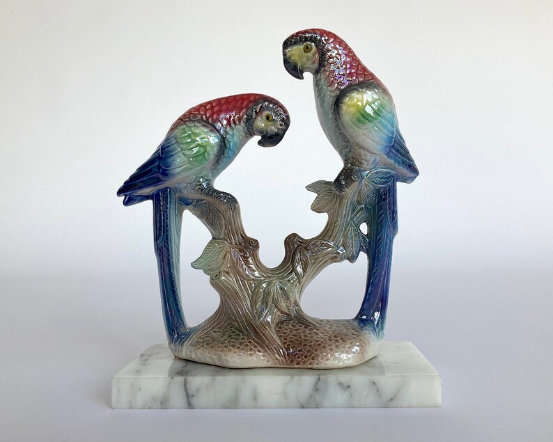 Mid Century Couple parrots Bird Statue Faience Ceramic Sculpture on ...