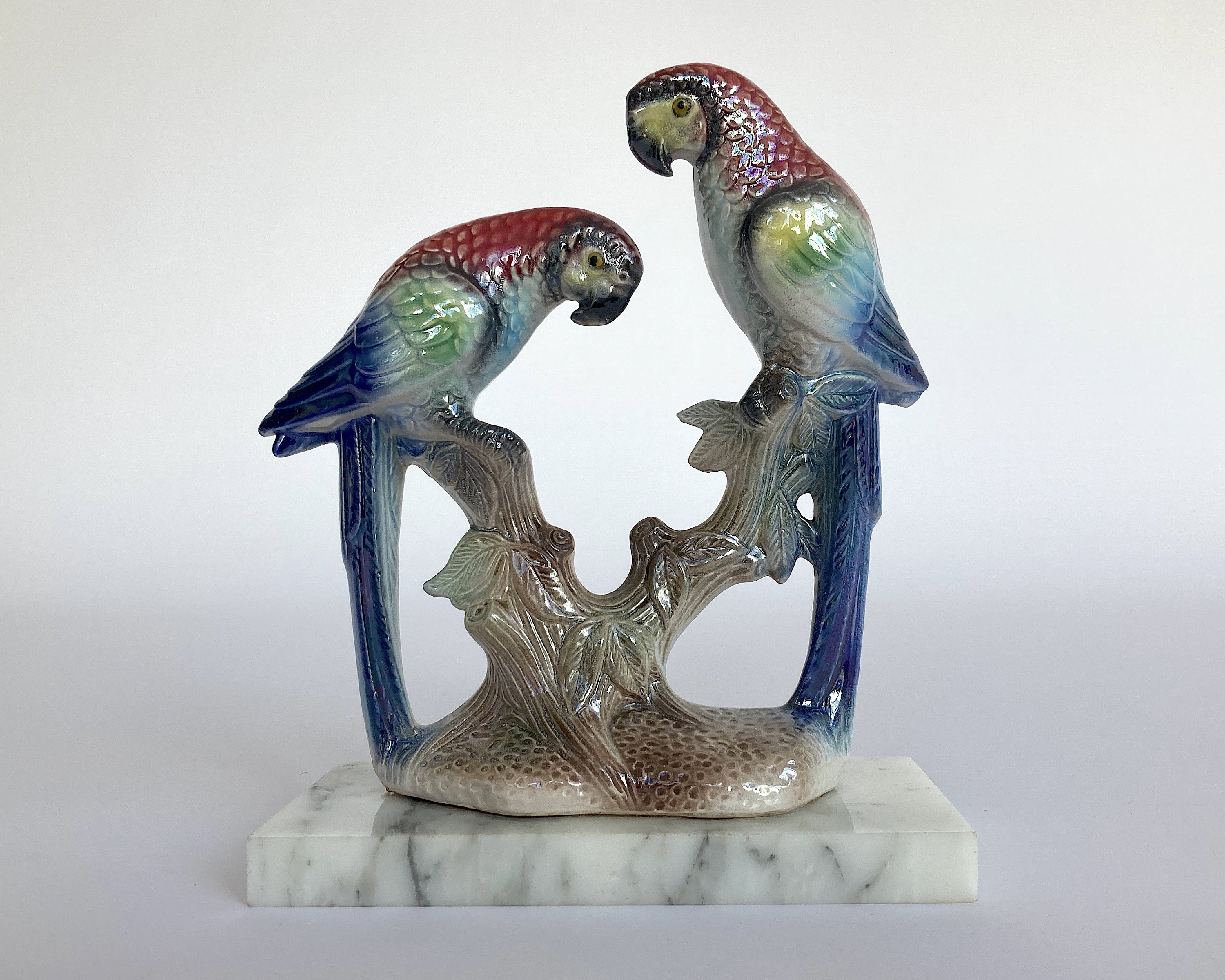 Mid Century Couple parrots Bird Statue Faience Ceramic Sculpture on ...