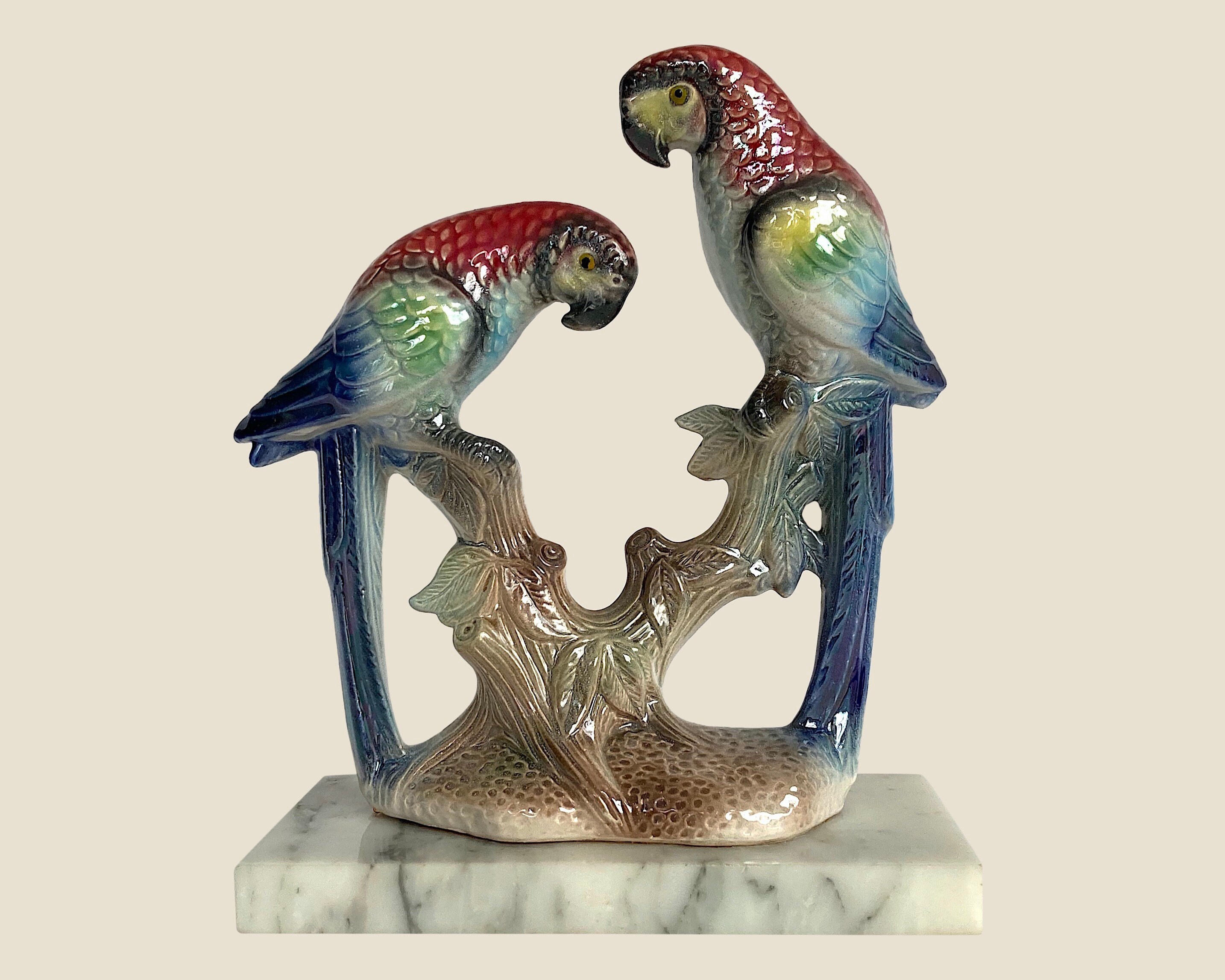 Mid Century Couple parrots Bird Statue Faience Ceramic Sculpture on ...