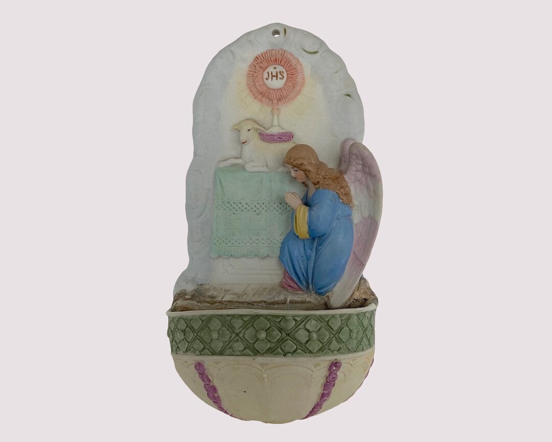 Circa 1900 jhs Communion Lamb of God Guardian Angel Hand Painted Bisque ...