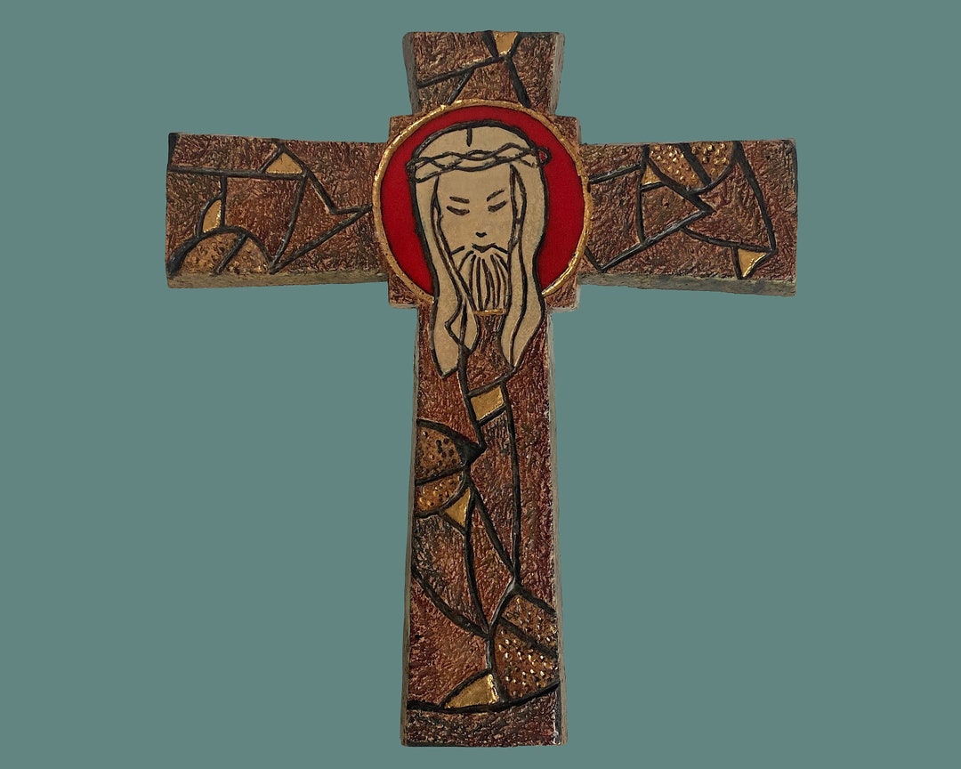 MCM XL Brutalist jesus Christ Crucifix Relief Wall Cross Religious Red ...