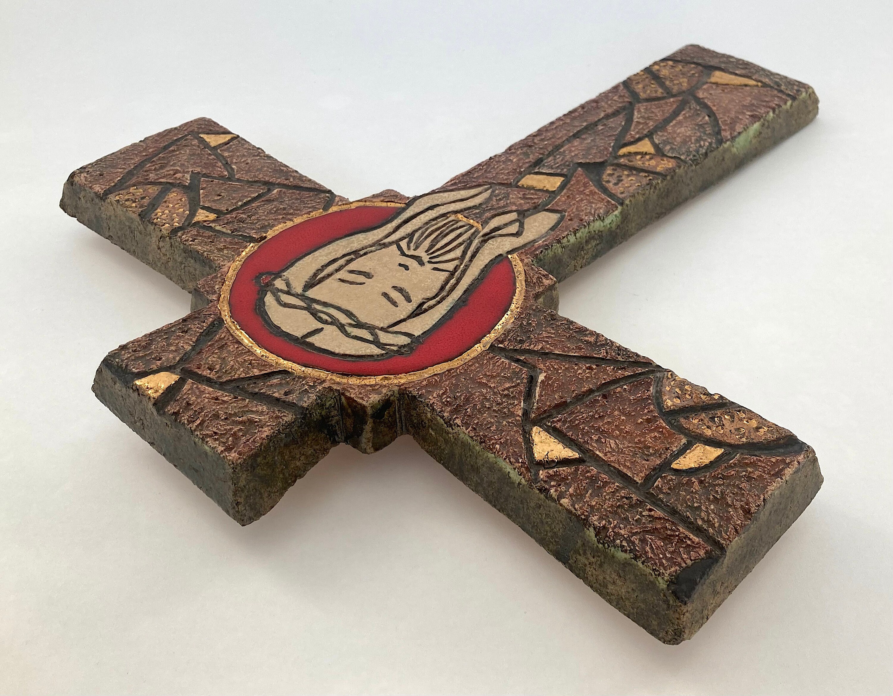 MCM XL Brutalist jesus Christ Crucifix Relief Wall Cross Religious Red ...