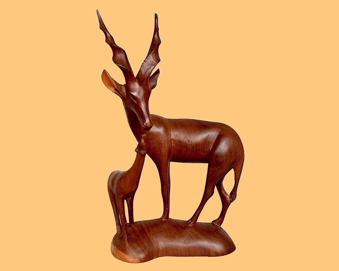 Mid Century antelope With Young Hand Carved Wooden Statue African ...