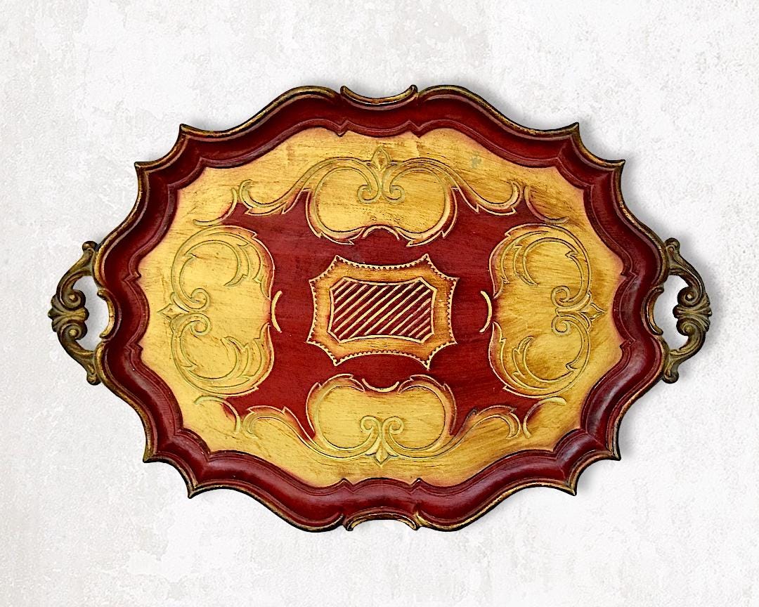 1960s 70s Italian Large Boho "florentine" Gold Red Serving Tray - Made ...