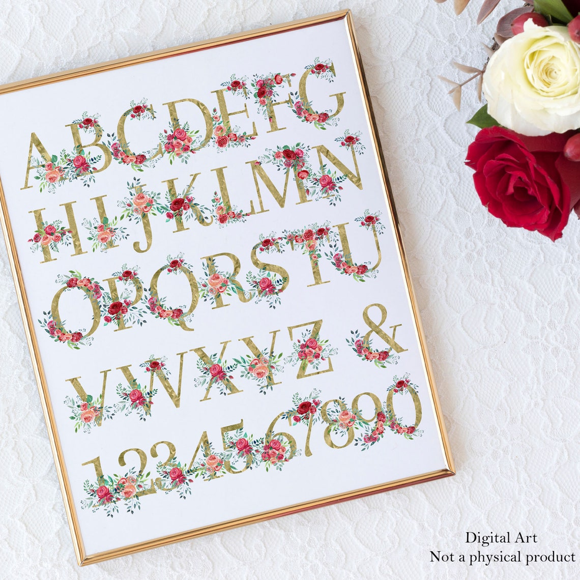 Watercolor Floral Alphabet, Gold Embellished Letters Numbers, Red Roses ...