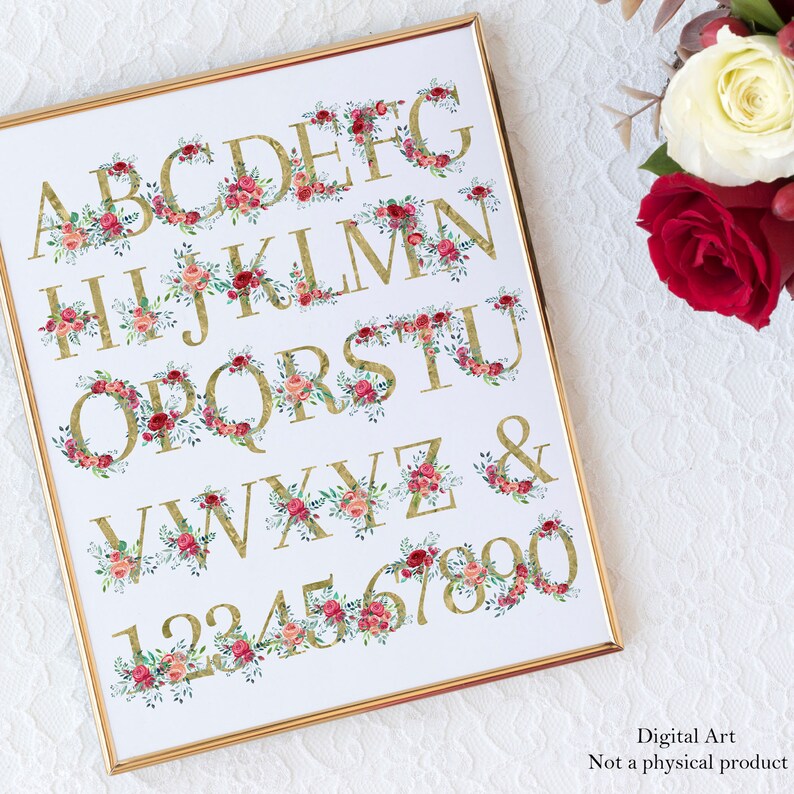 Watercolor Floral Alphabet, Gold Embellished Letters Numbers, Red Roses ...