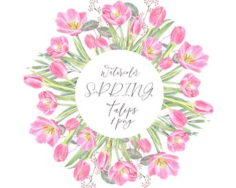 Watercolor Pink Tulips Floral Clipart Easter Mother's | Etsy