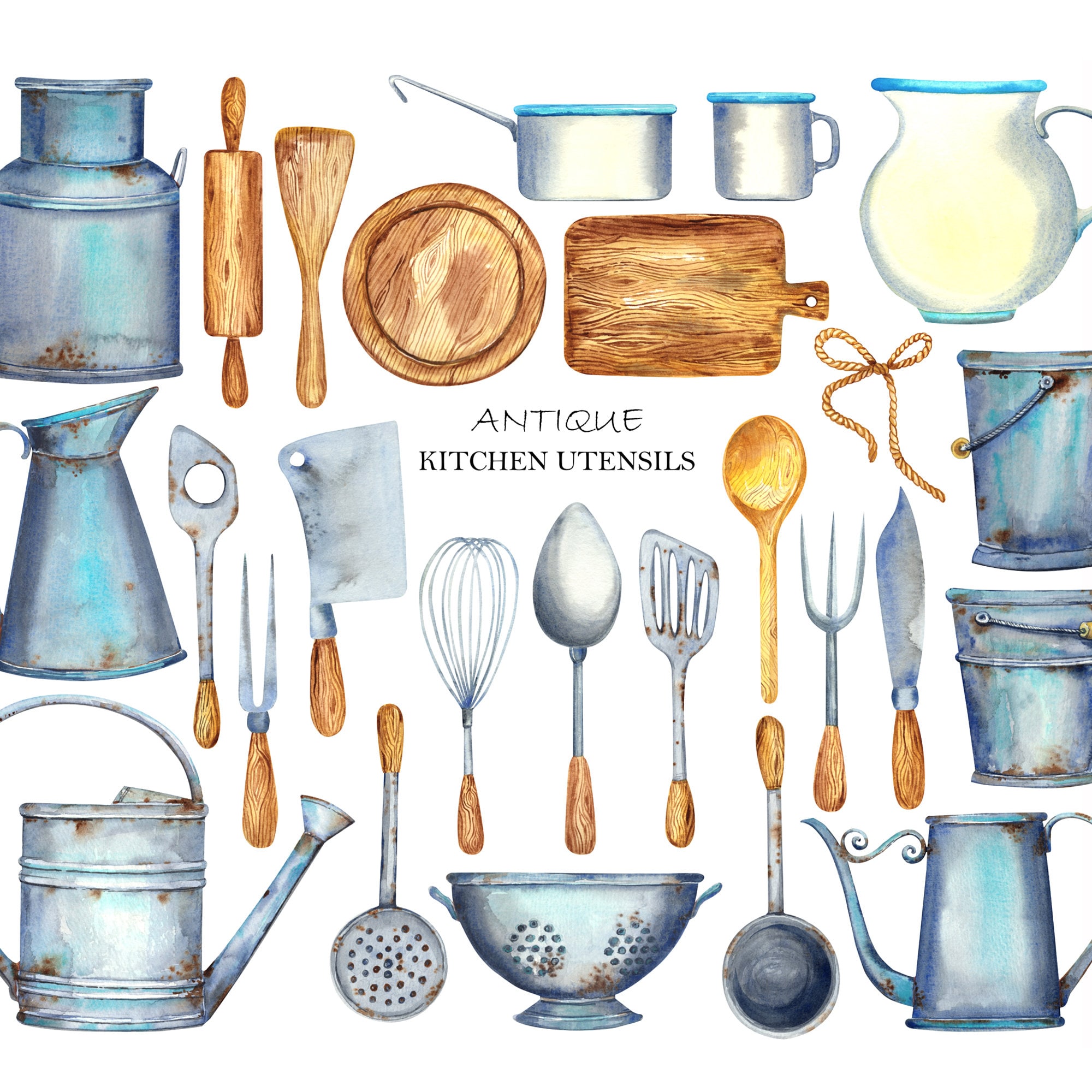 Antique Kitchen Utensils, Watercolor Clipart, Wood, Old Things, Wooden ...