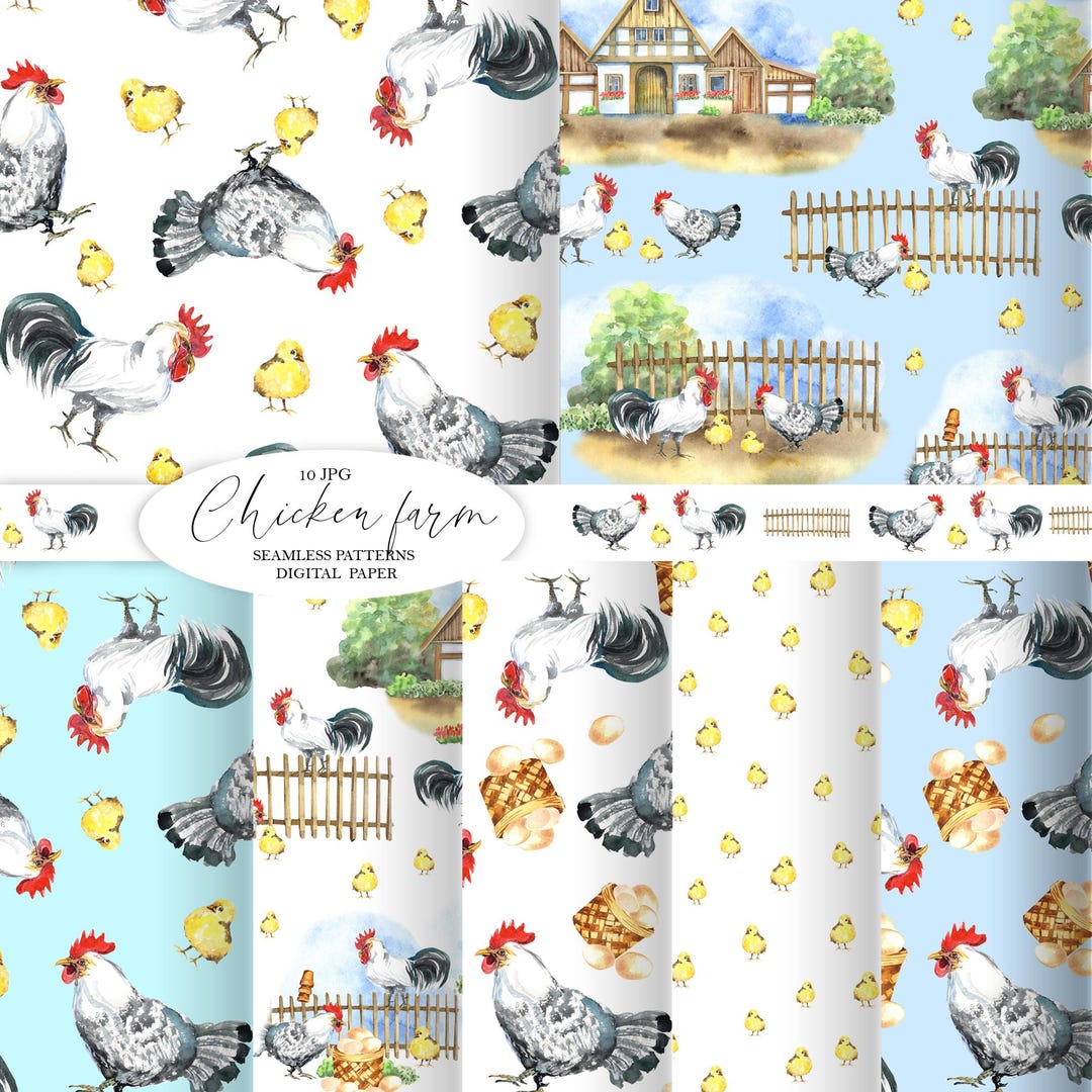 Happy Chicken Farm Seamless Pattern, Animals Clip Art, Rooster, Hen ...