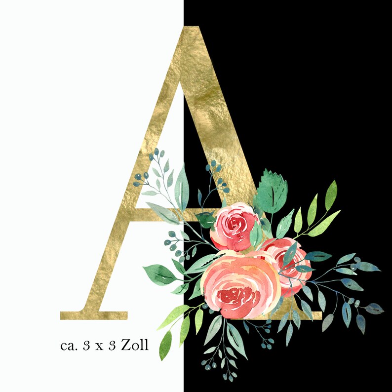 Watercolor Floral Alphabet, Gold Embellished Letters Numbers, Red Roses ...