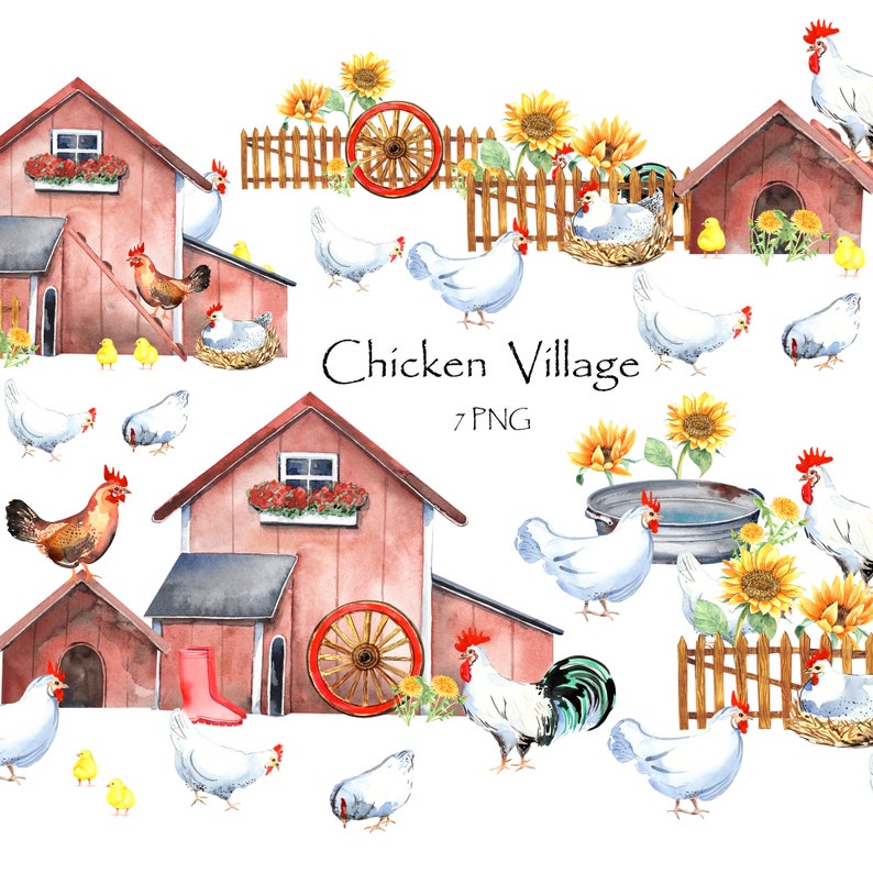 Watercolor Chicken Village Clipart, Farm Animals Clip Art, Rooster, Hen ...