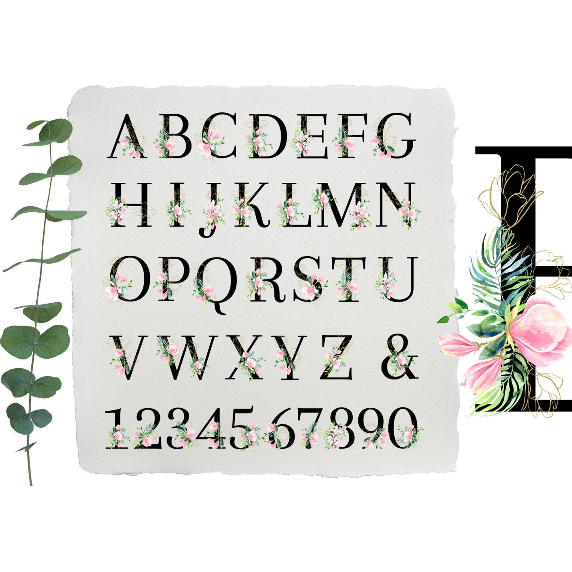 Watercolor Floral Alphabet, Embellished Letters Numbers, Magnolia Clip ...