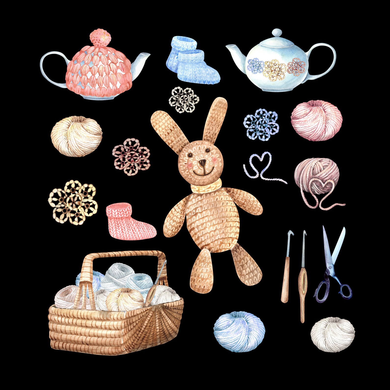 Watercolor Crochet Knitting Hobby Clipart, Yarn, Needlework, Rabbit ...