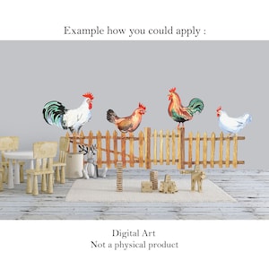 Watercolor Chicken Village Clipart, Farm Animals Clip Art, Rooster, Hen ...