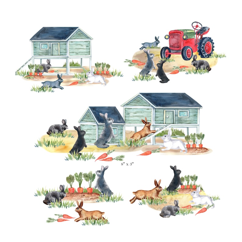 Watercolor Rabbit Village Clipart, Cute Banny, Karrot, Tractor, Farm ...