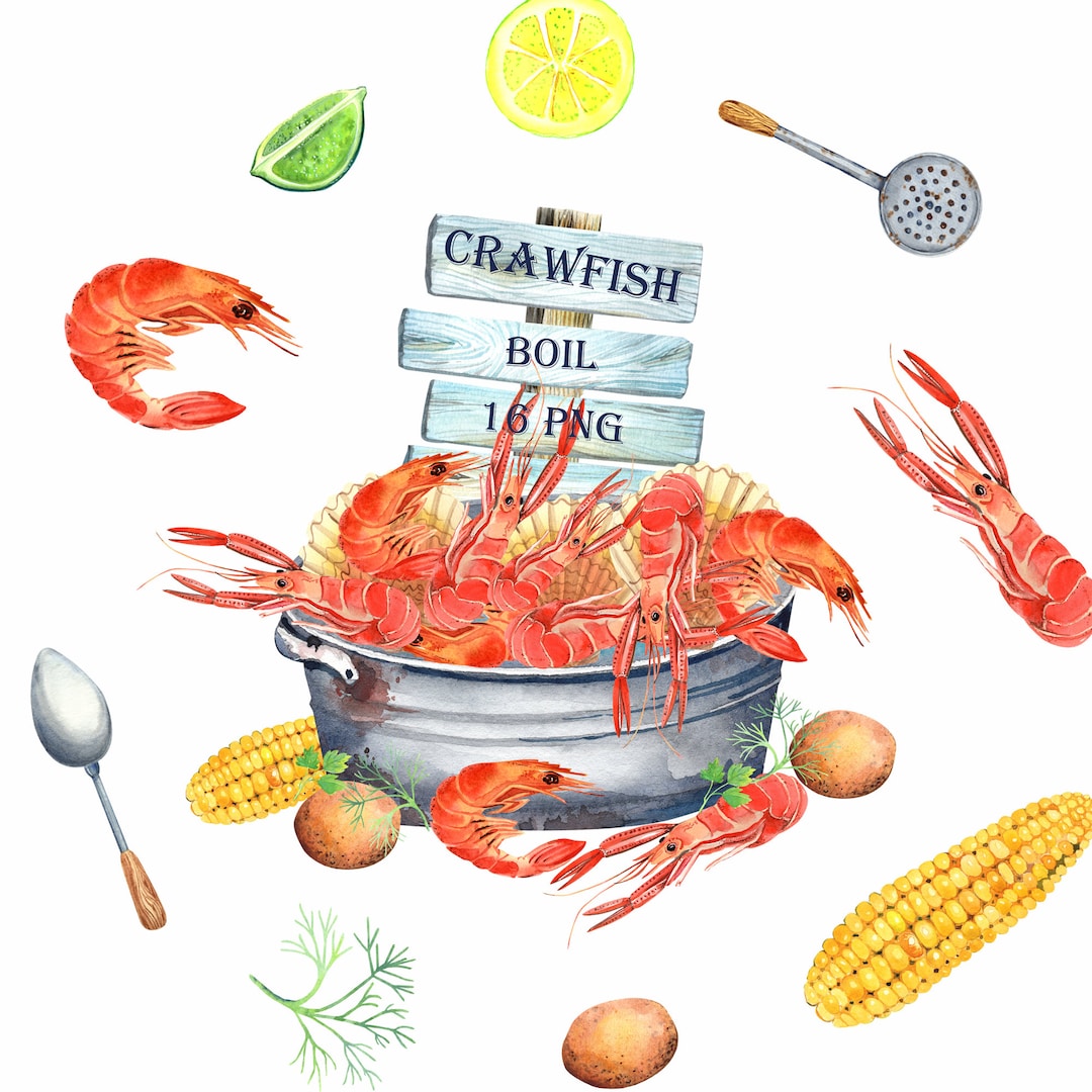 Seafood Crawfish Boil, Louisiana Clipart, Shrimps, Fish, Squid Kitchen ...
