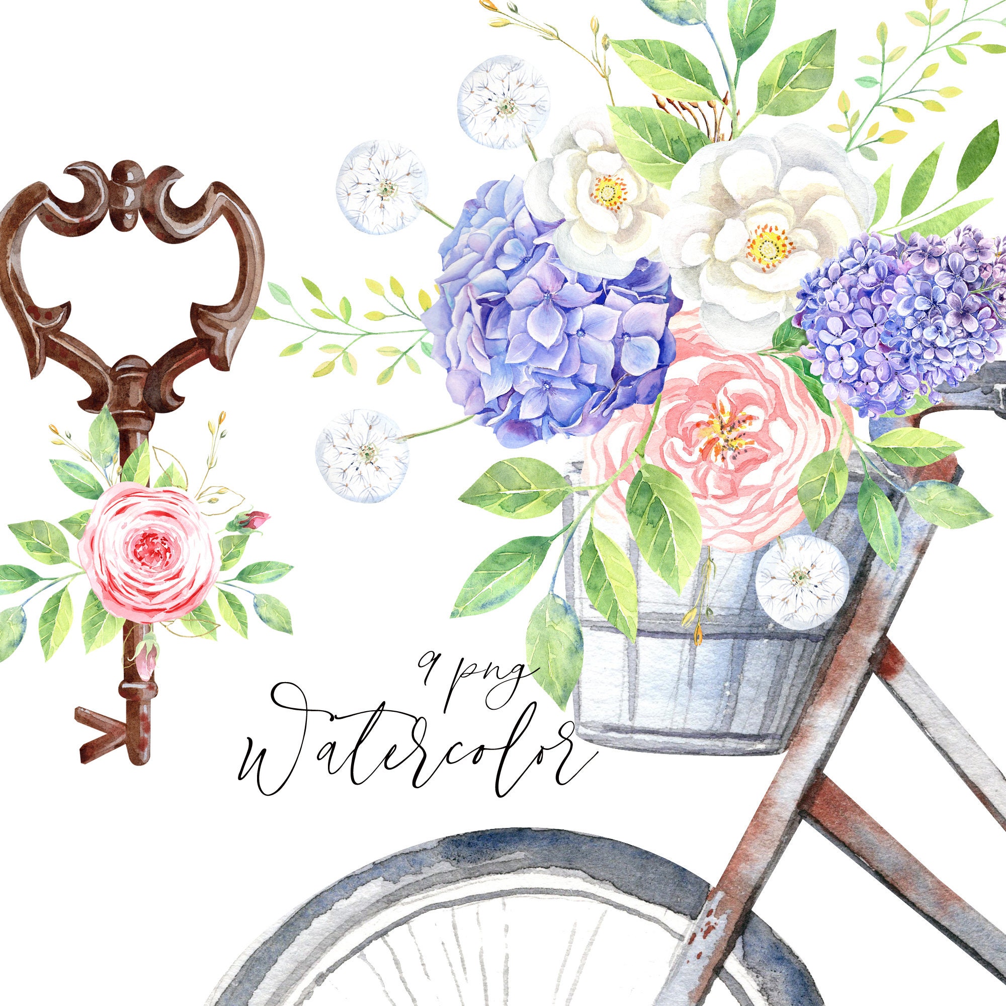 Blue Hydrangeas, Bicycle, Lilac, Peony, Pastel Roses, Vintage Keys ...