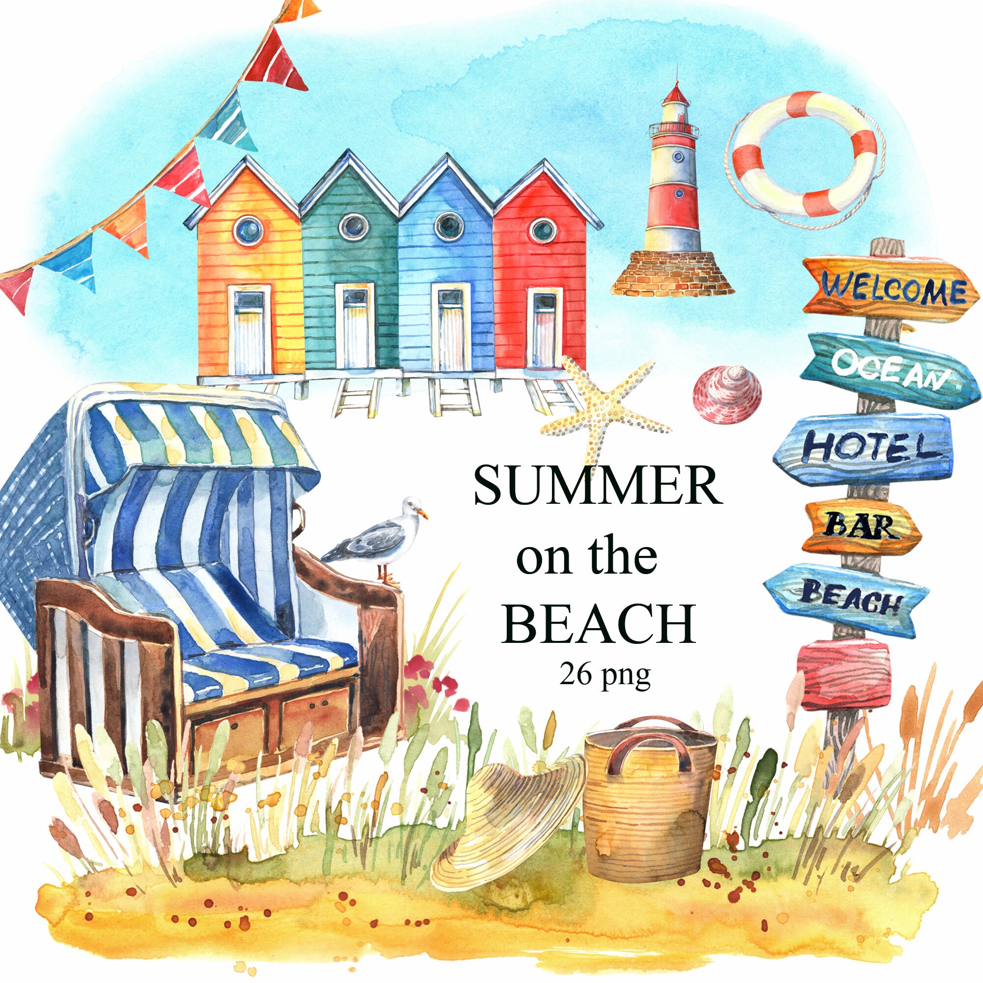 Summer Beach Clipart, Signpost, Lighthouse, Yellow Raincoat, Shells ...